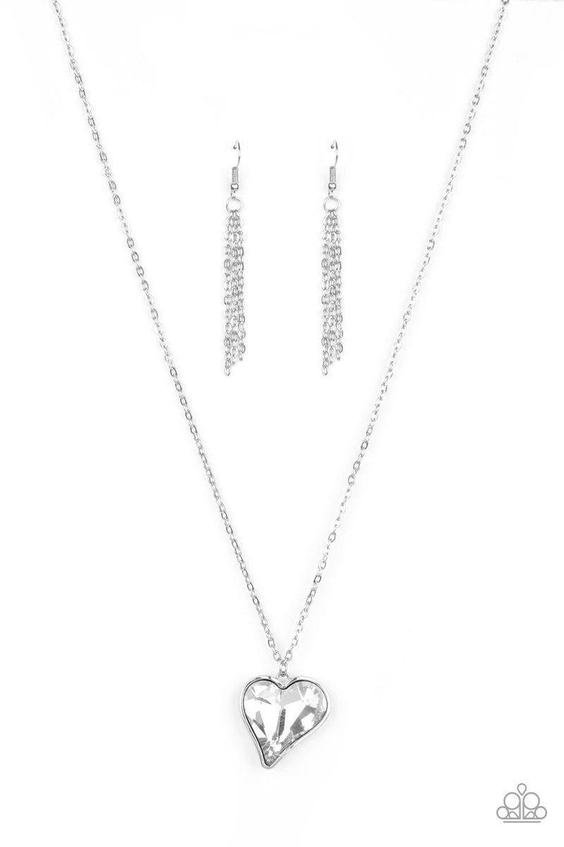 Paparazzi Heart Flutter - White - Rhinestone Gem - Silver Necklace and ...